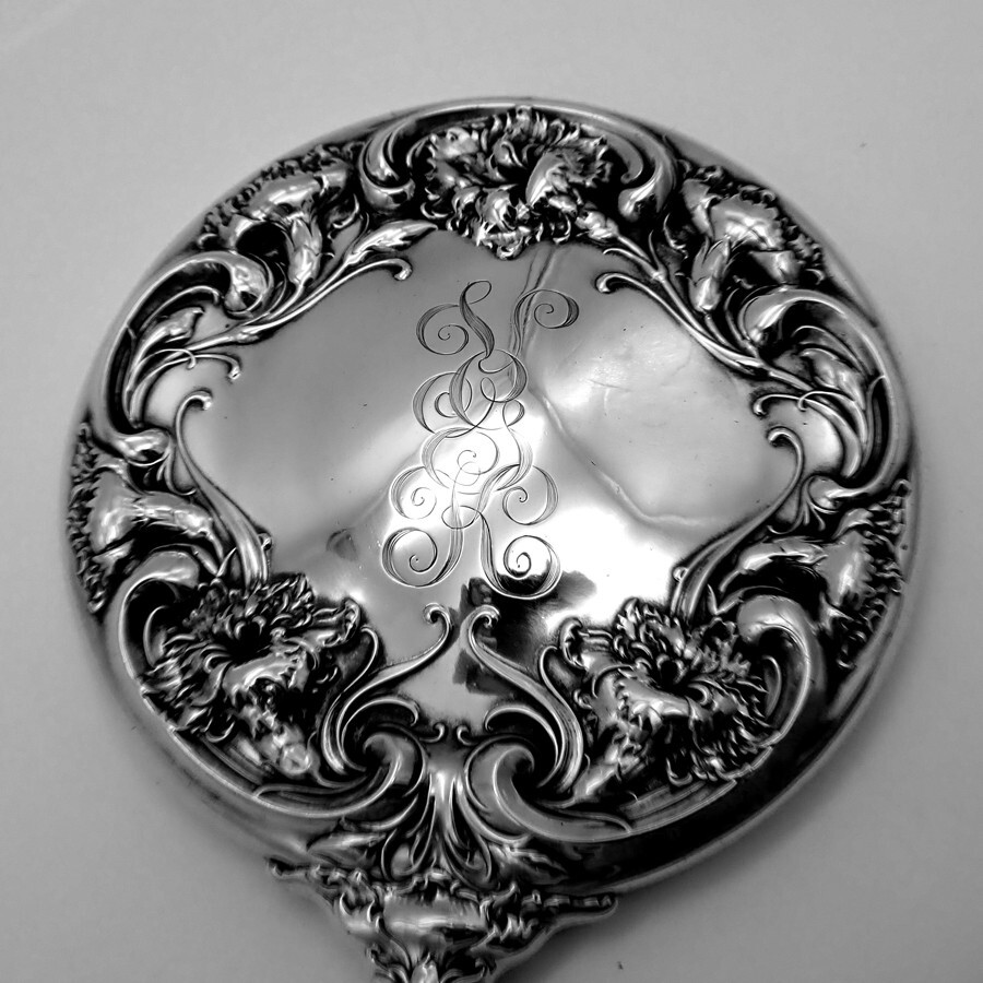 Carnation Hand Mirror Clothes Brush Set Wallace Sterling Silver Mono ...