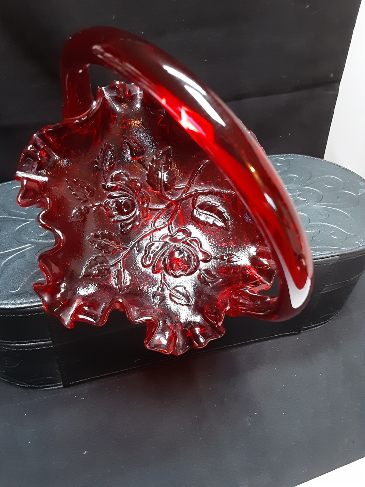 Vintage Fenton Ruffled Ruby Red Rose Pattern Glass Basket Handle Dish ...