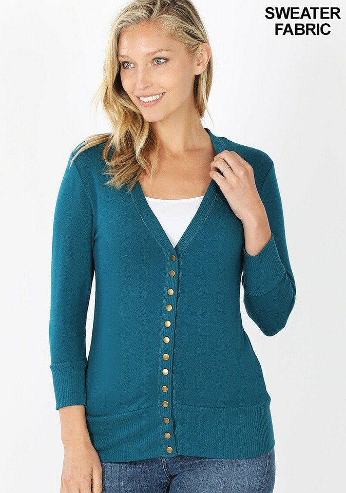 Women's 3/4 Sleeve Snap Button Front Ribbed Detail V Neck Sweater ...