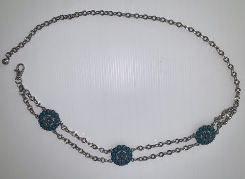 Womens Silver Metal Chain Belt With Blue Floral Embellishment ~ Size Up ...