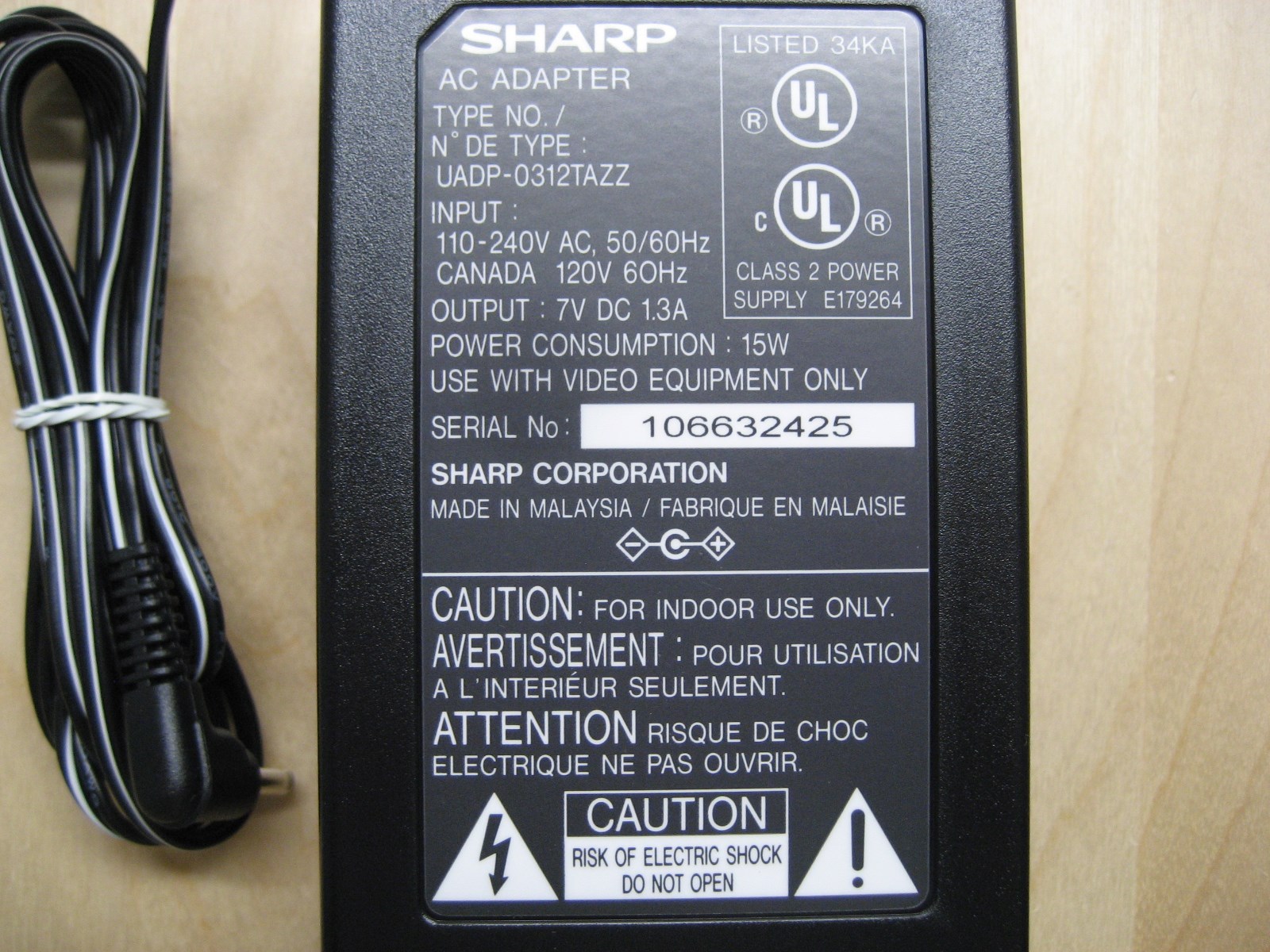 Sharp UADP-0312TAZZ AC Power Adapter 110-240V 15W 7V DC 1.3A | eBay