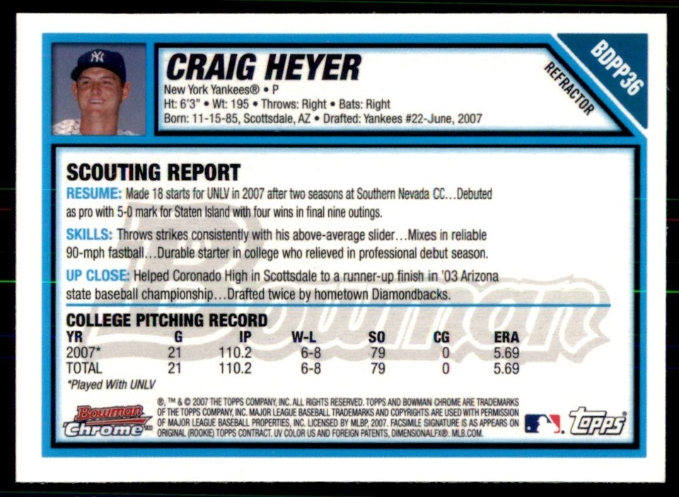 2007 Chrome Refractor #BDPP36 Craig Heyer Yankees | eBay
