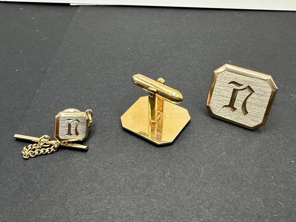 Vintage Swank Gold Tone Initial Monogram N Cufflinks Tie Tack | eBay