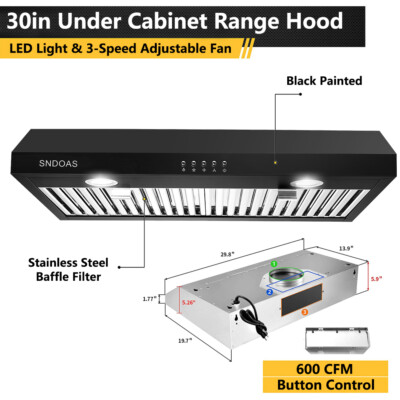 30 in Under Cabinet Range Hood Black/Sliver Cook Fan w/LEDs 600CFM 3 ...