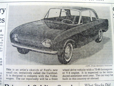 1961 newspaper w drawing of FORD MOTOR CO New small concept car - the ...