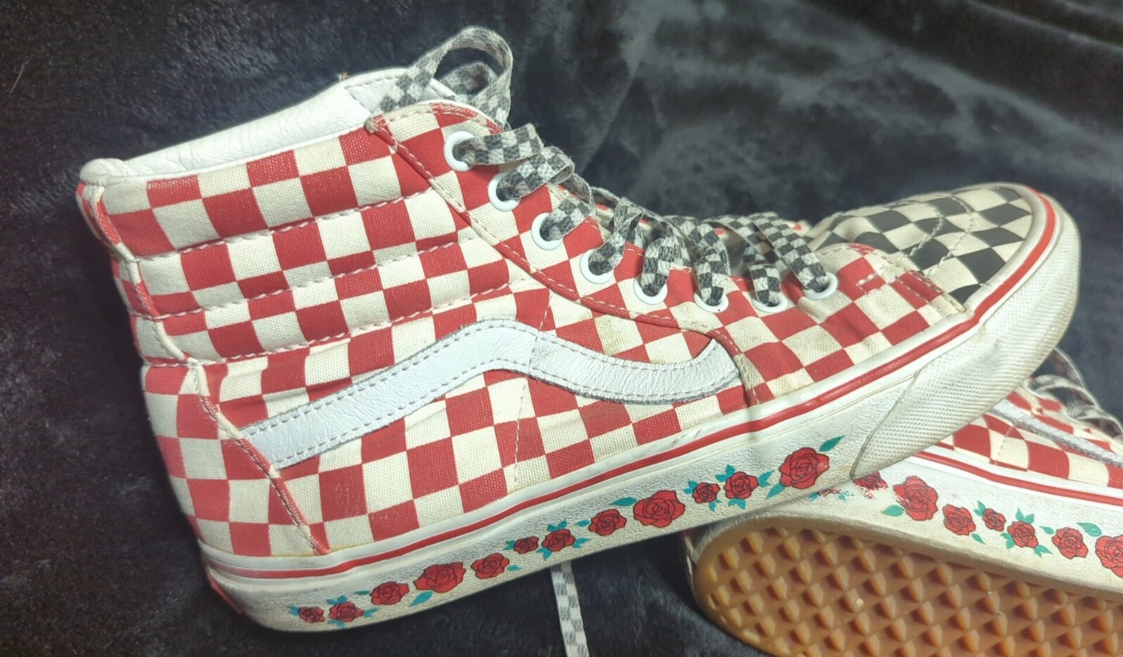 VANS High Top Checkerboard Red White Black w/ Roses … - Gem