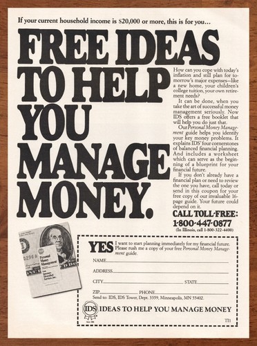 1981 IDS Money Management Vintage Print Ad/Poster Ben Franklin Finance ...