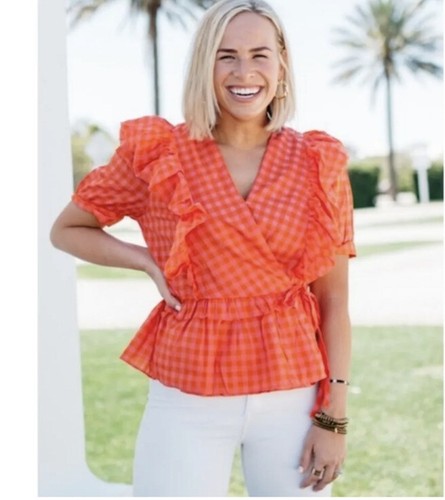 {J. Crew} Gingham Ruffle Wrap Tie Top In Pink/Orange XL | eBay