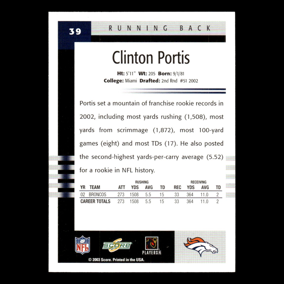 Clinton Portis #39 2003 Score Denver Broncos Football Card NFL NM | eBay