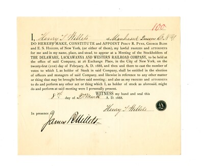 1888 Delaware, Lackawana & Western document signed James Willets ...