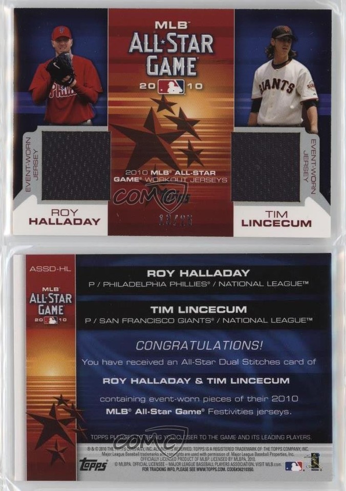 2010 Update All-Star Stitches Dual Relics 13/25 Roy Halladay Tim ...