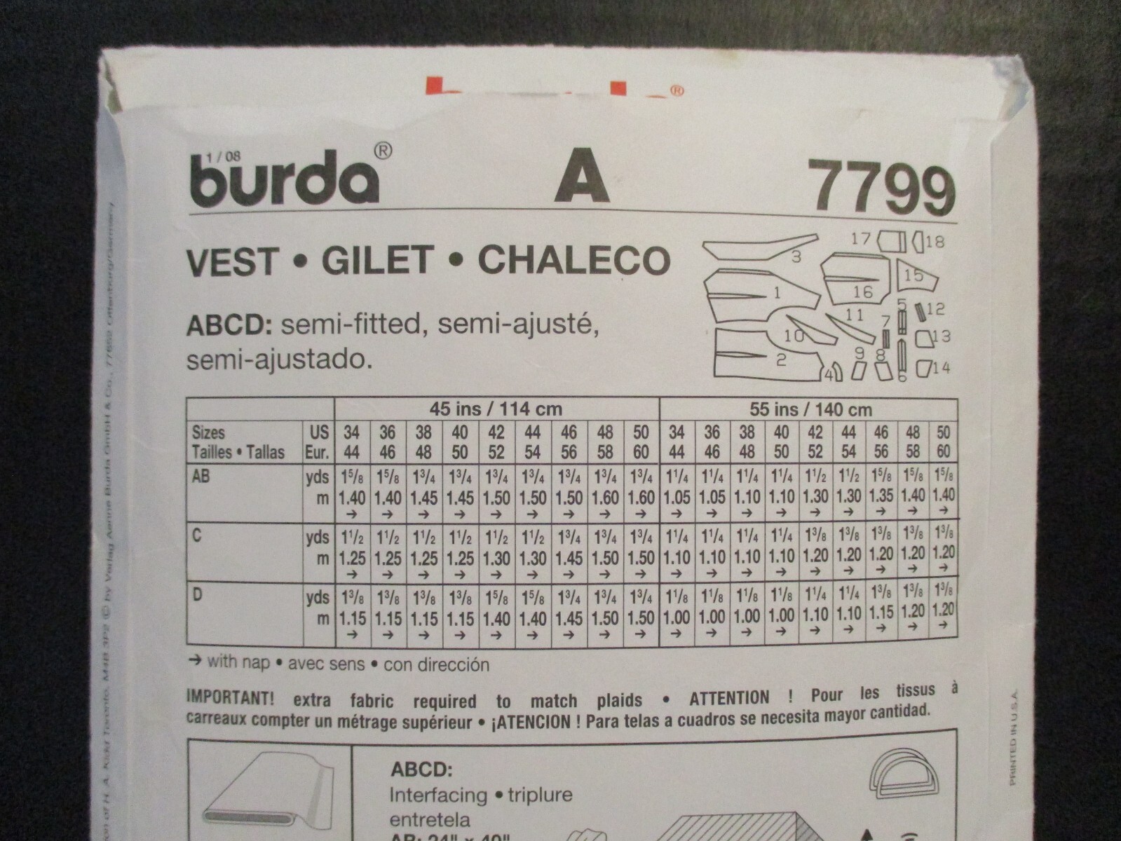 Burda Pattern 7799 Men's Sizes 34"-50" Semi-Fitted Vests Collar ...