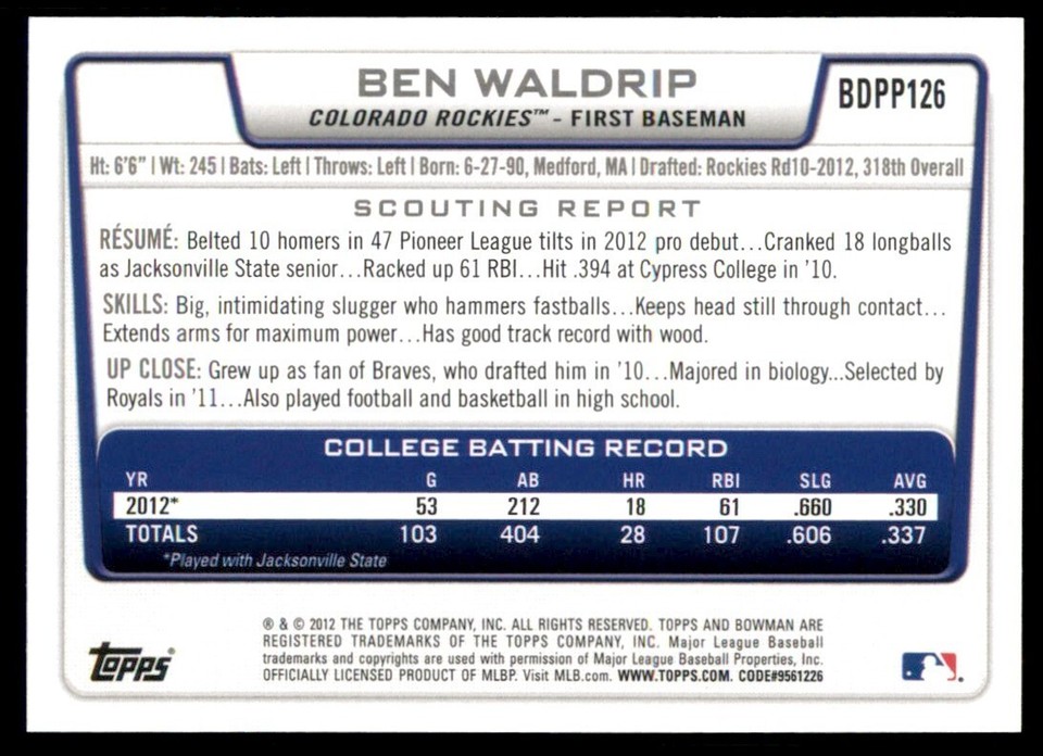 2012 Bowman Draft #BDPP126 Ben Waldrip 1st Bowman | eBay