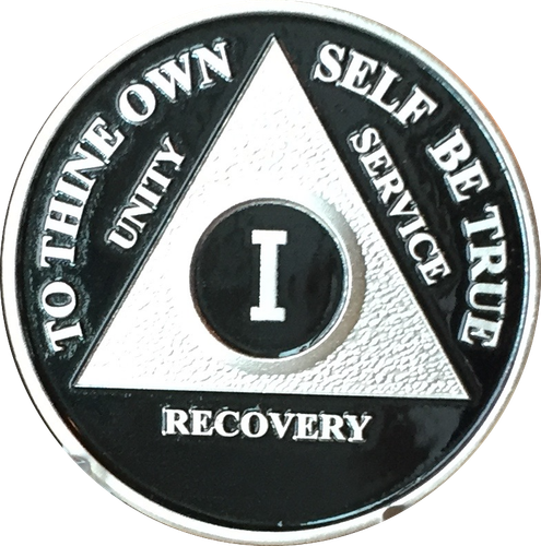 1 Year AA Chip Black Silver Plated Alcoholics Anonymous Medallion Coin ...