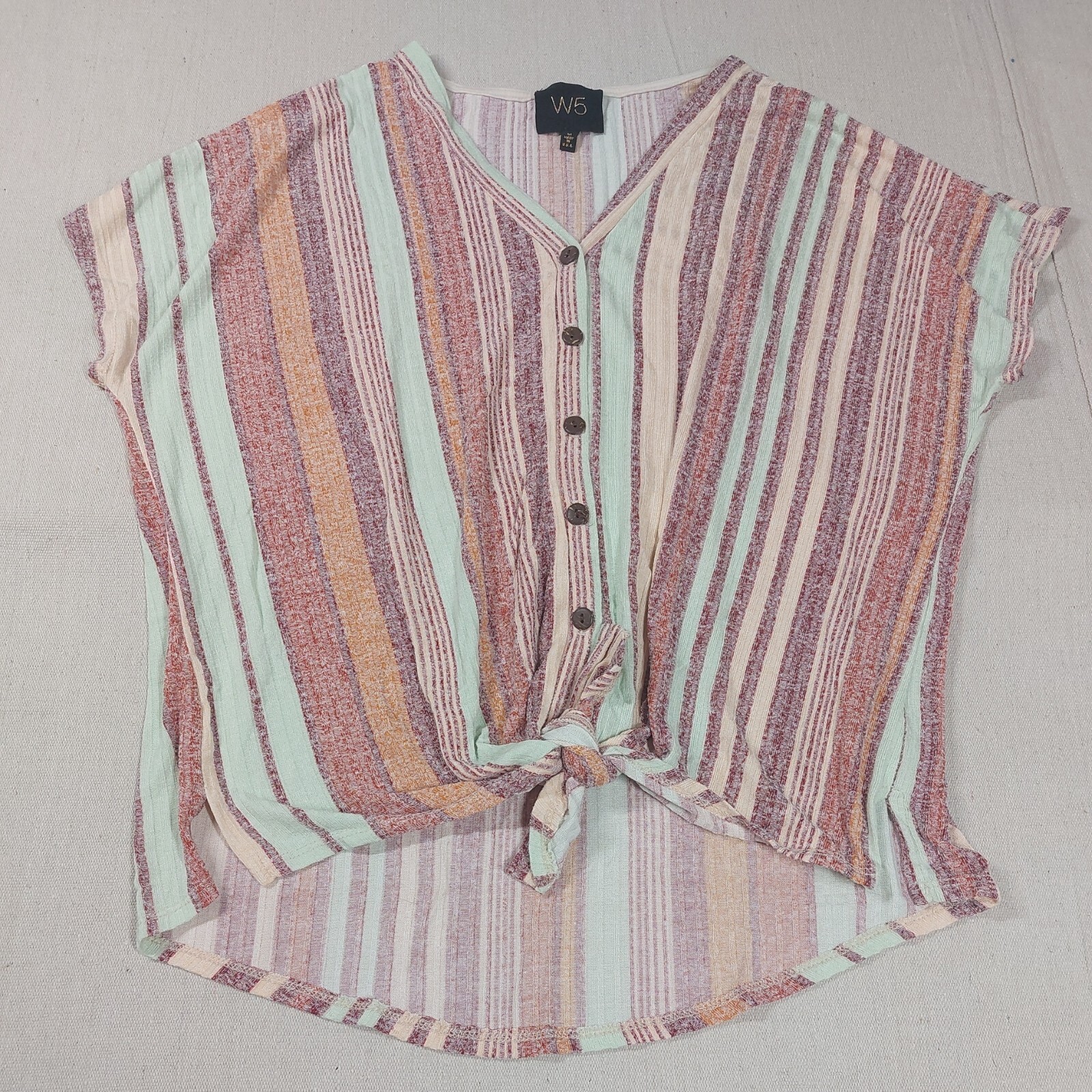 W5 Striped Top Front Tie Cap Sleeve Womens Medium V-neck Button Down ...