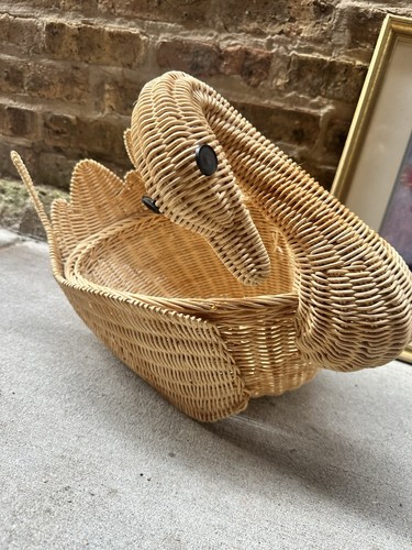Vintage White Wash Woven Wicker Swan Goose Duck Bird Handle Basket ...