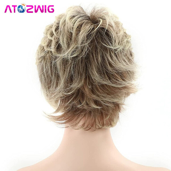 Short Wave Wig with Air Bangs Dark Roots Ombre Blonde Synthetic Hair ...