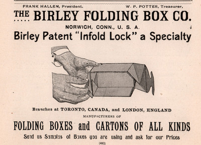 1896 AD BIRLEY FOLDING BOX CO INFOLD LOCK PATENT CARTON BOX NORWICH CT ...