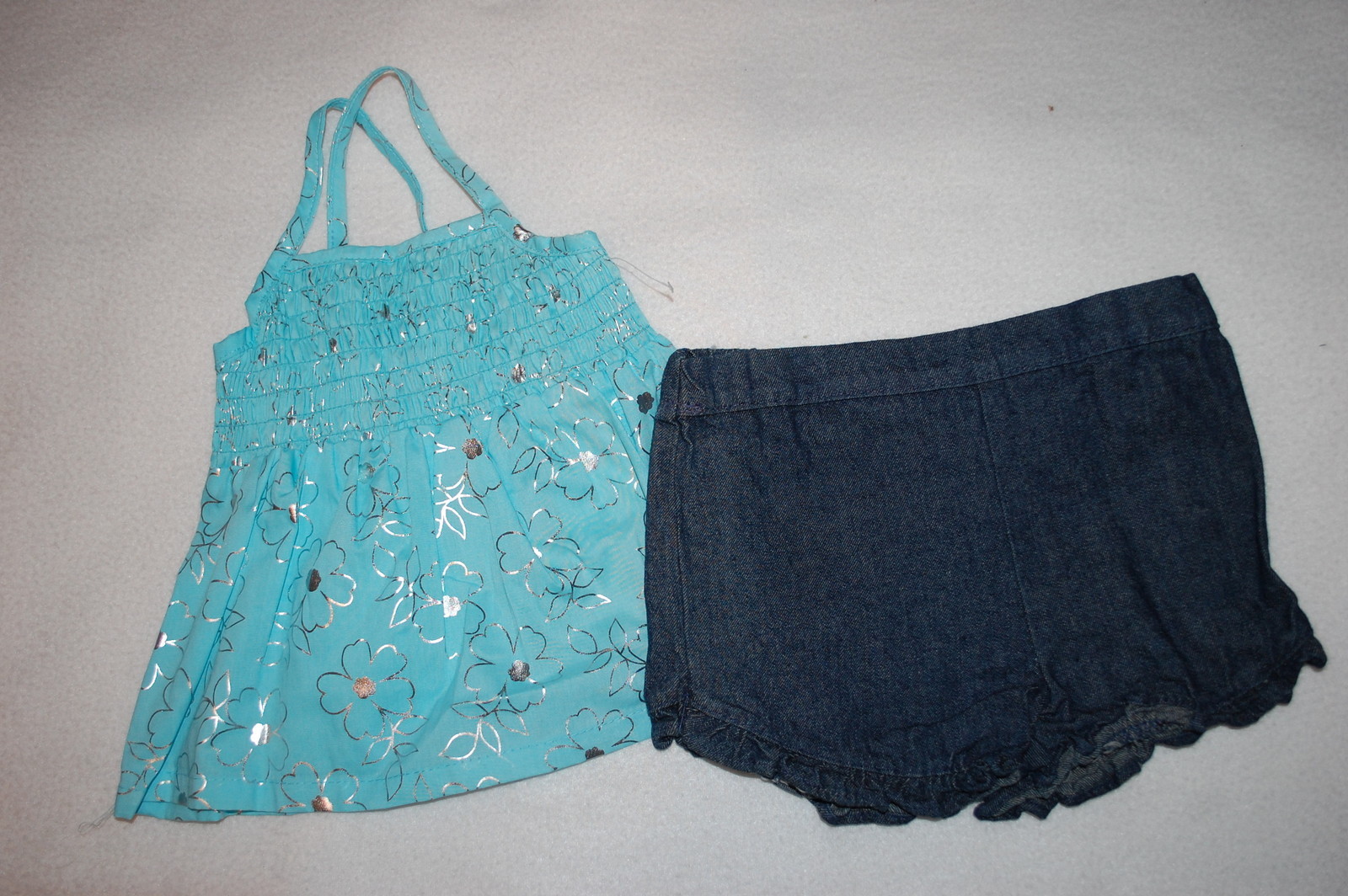 Toddler Girls Outfit TURQUOISE TANK TOP w/ SILVER FLOWERS Blue Denim ...