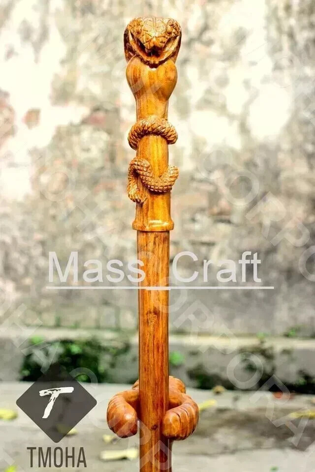 Hand carved snake head handle wooden walking stick handmade cobra ...