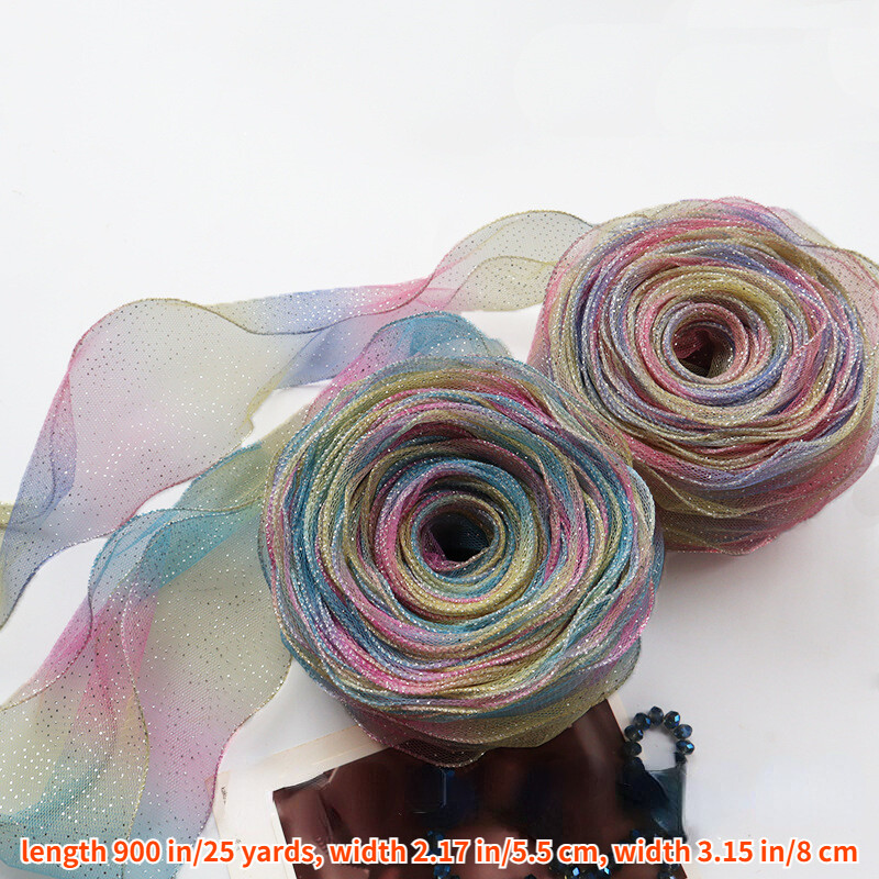 25 Yards Wavy Mesh Edge Gradient Rainbow Gauze Tulle Trim Ribbons ...
