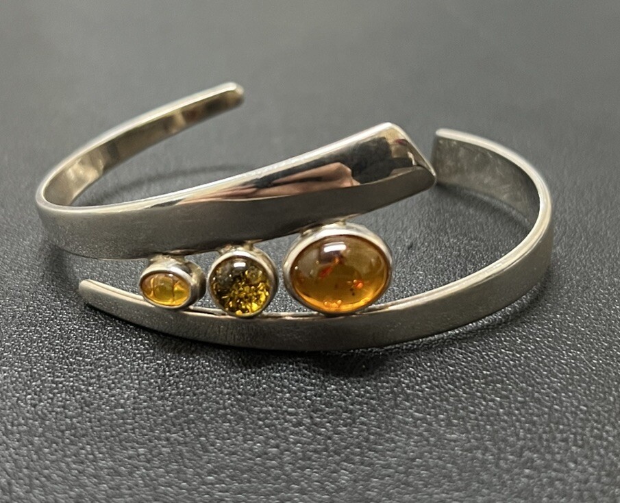.925 Sterling Silver Citrine Amber Stone Cuff Bracele… - Gem