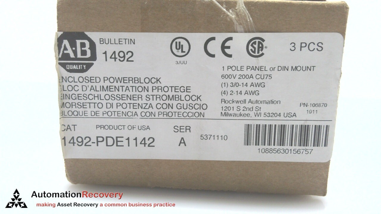 Allen Bradley 1492-pde1142 Series a Power Distibution Block 200a 600v ...