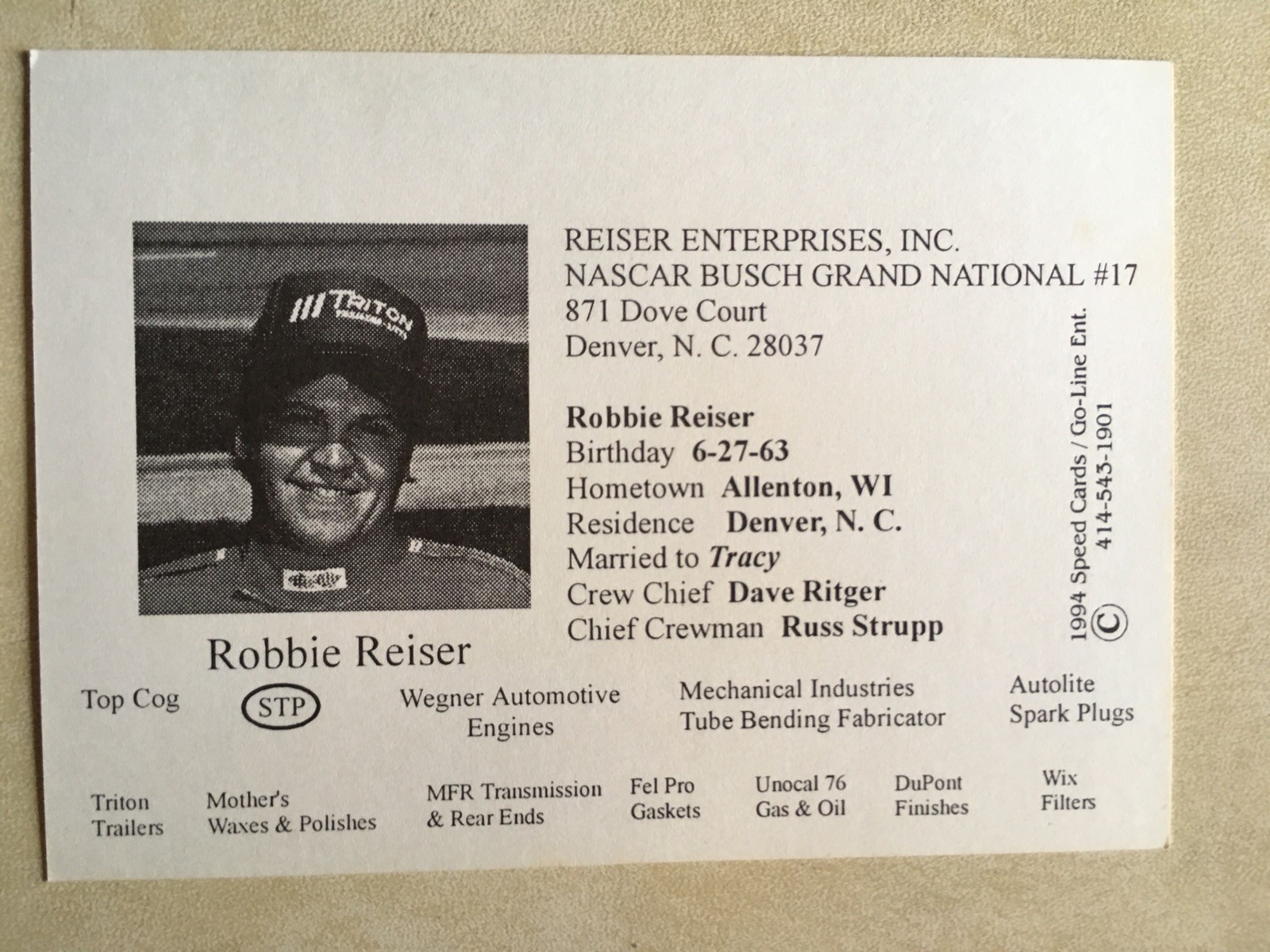 1994 #17 Robbie Reiser Autographed Card Nascar Busch | eBay