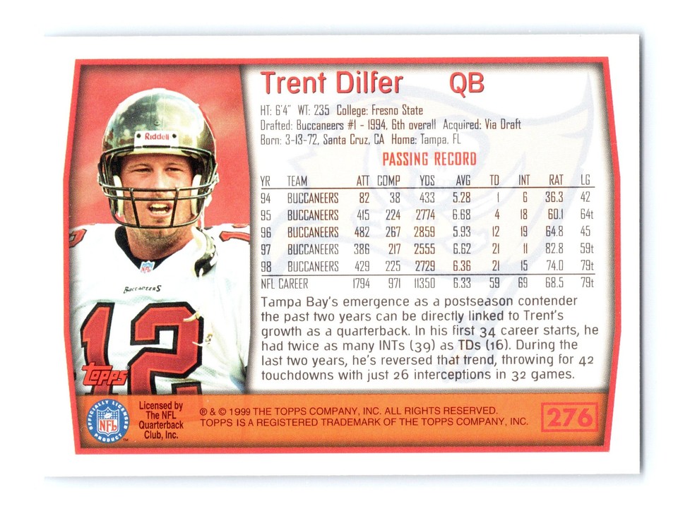 1999 Topps Football #276 Trent Dilfer Tampa Bay Buccaneers | eBay