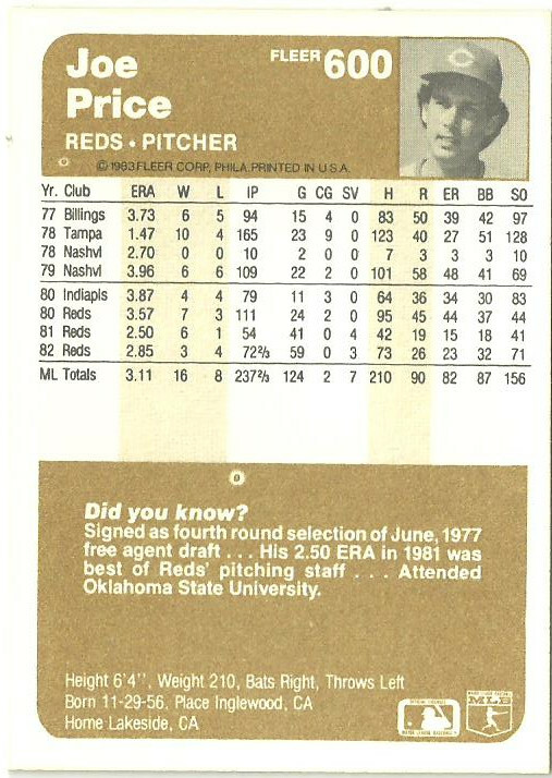 JOE PRICE CINCINNATI REDS #600 - FLEER NM-MT 1983 | eBay