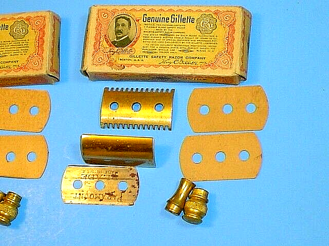 TWO ANTIQUE / VINTAGE GILLETTE BRASS SAFETY RAZOR HEADS IN BOX~WITH BAD ...