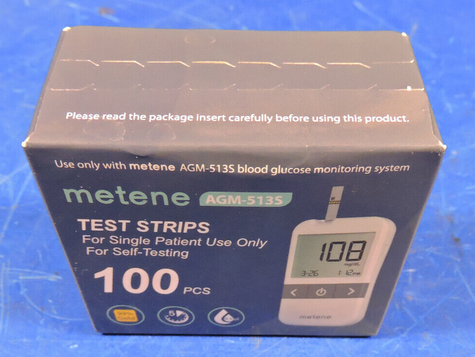 NEW Box 100 Count Metene AGM-513S Test Strips / Diabetes Blood Glucose ...