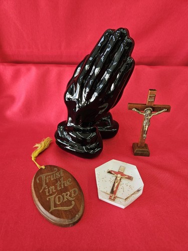 Vtg Black Ceramic Prayer Praying Hands Sculpture Religious Decor Paper ...