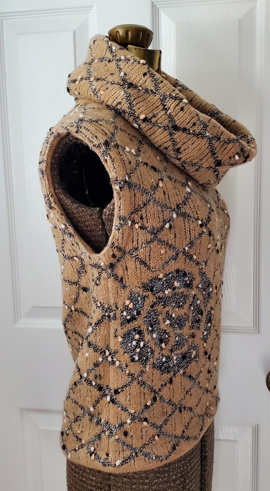 AUTH "COCO" CHANEL TAN/MULTI KNIT BOULCE WOOL BLEND COWLNECK CAMELIA ...