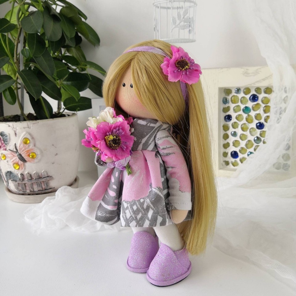Hand made dolls Textile Girl Doll Brown Hair Unique Gift Interior Doll ...