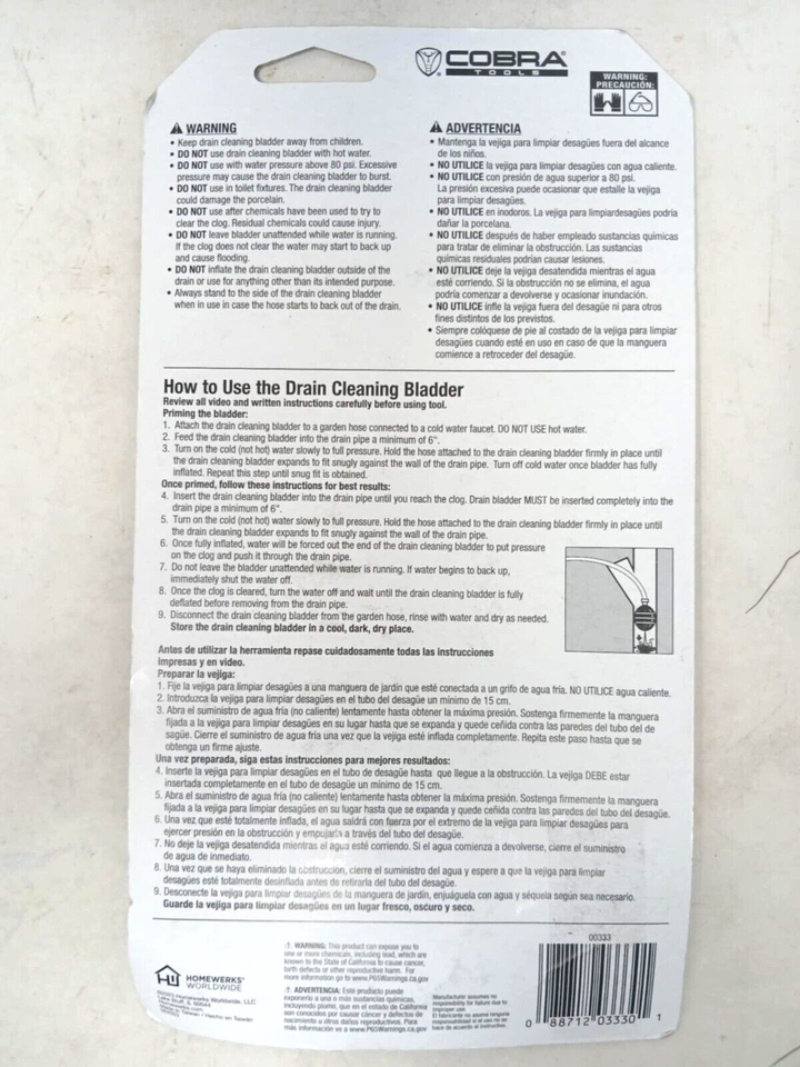 Cobra Tools 333 Large Drain Cleaning Bladder for 4-6" Drain Pipes | eBay