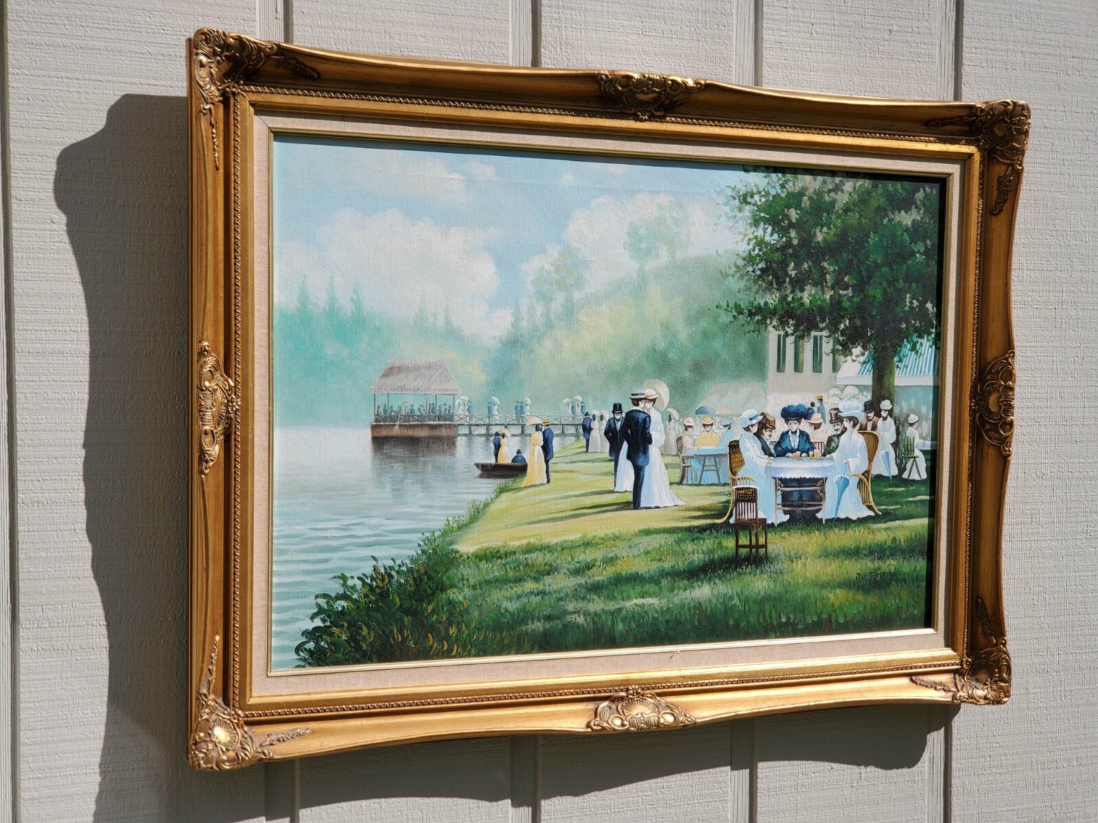 VINTAGE J. PERRINE IMMPRESSIONIST FRENCH VICTORIAN LANDSCAPE PICNIC OIL ...