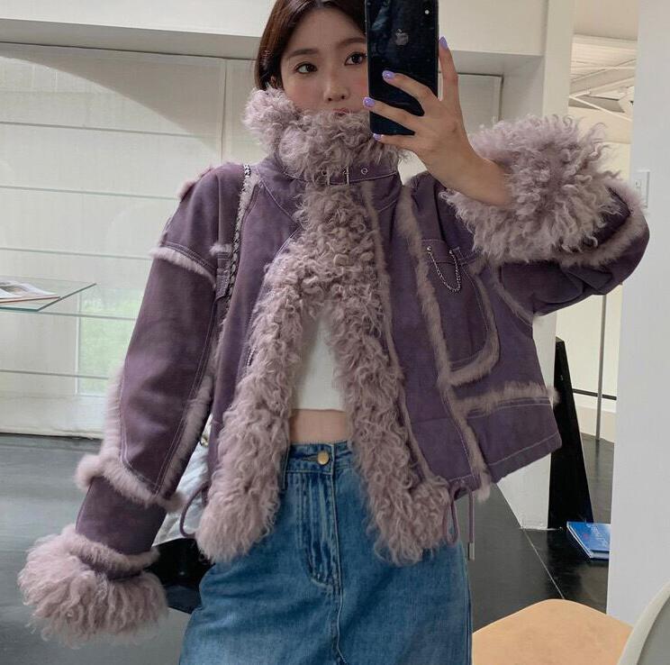 Rabbit Fur Coat Women's Short Biker Jacket Lamb Fur Collar Punk Leather ...