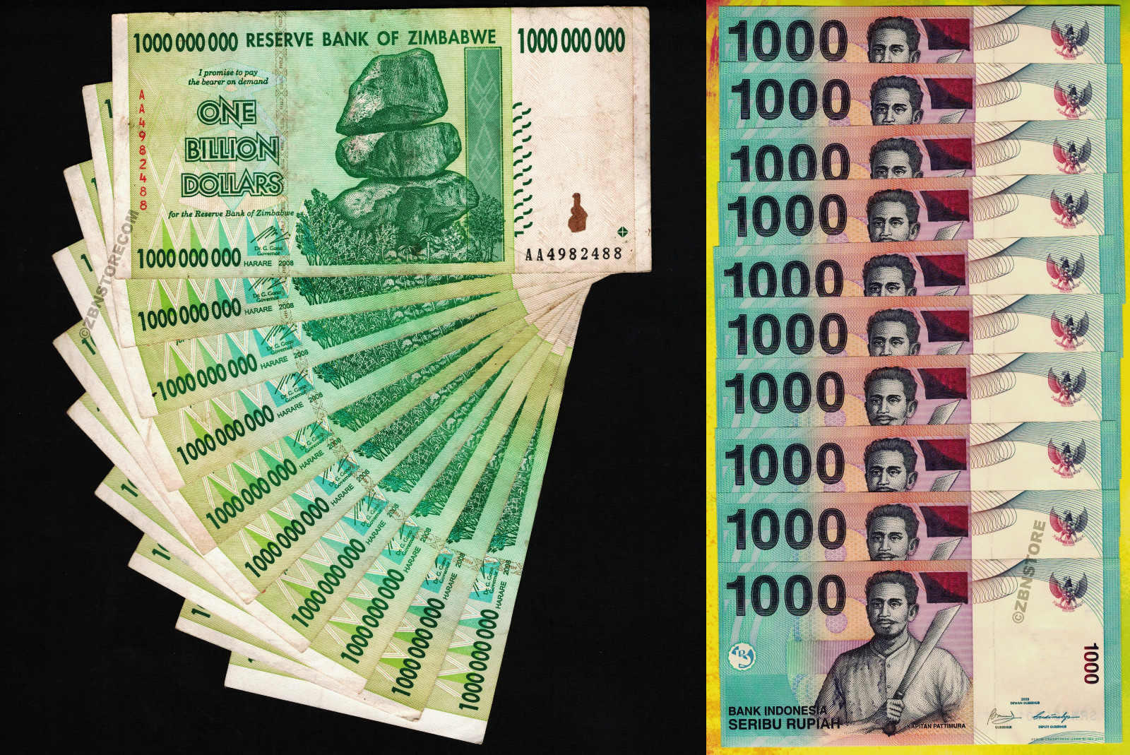 10 x 1 Billion Zimbabwe Dollars AA 2008 Currency +10 x 1000 Indonesia ...