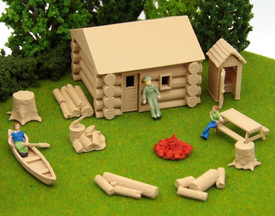 11 pc HO Scale Log Cabin Camping Set with Canoe, Picnic Table, Outhouse ...