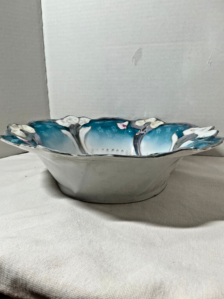 VINTAGE VICTORIAN GERMAN PORCELAIN BOWL PRUSSIA STYLE BLUE W/RED ROSES ...