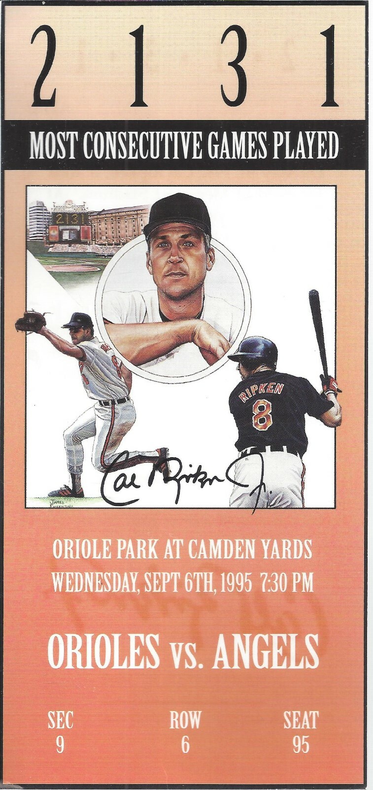 Cal Ripken Jr. 2131 Game Large Size Commerative Ticket Sept 6, 1995 ...