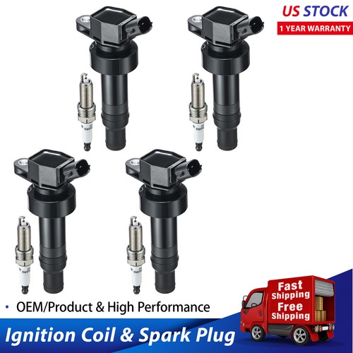 4 Pack Ignition Coil & Spark Plugs For Hyundai Accent Veloster Kia Rio ...