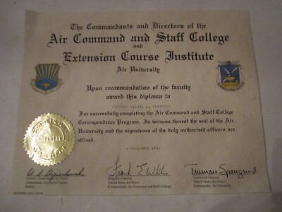 1986 AIR COMMAND AND STAFF COLLEGE AIR UNIVERSITY DIPLOMA CERTIFICATE ...