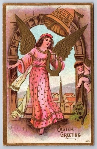 Easter Postcard Angel in Pink Dress With Lyre in Bell Tower DB Posted ...