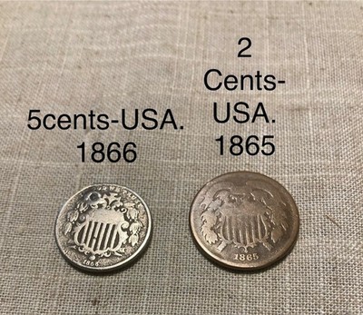 Civil War Coins: 1866 Shield Nickel - WITH RAYS + 1865 2-cent Copper ...