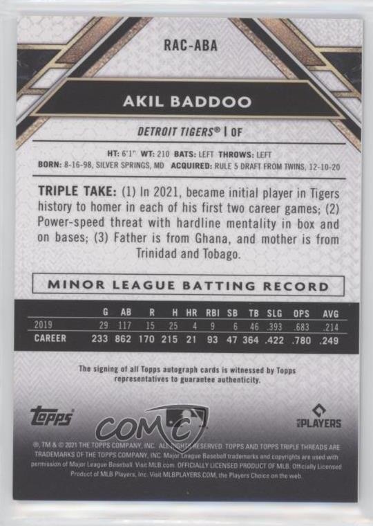 2021 Topps Triple Threads Rookie Auto Amethyst /75 Akil Baddoo #RAC-ABA ...