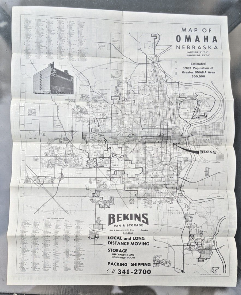 1963 OMAHA NEBRASKA Folding MAP AND STREET DIRECTORY BEKINS Offutt AFB ...