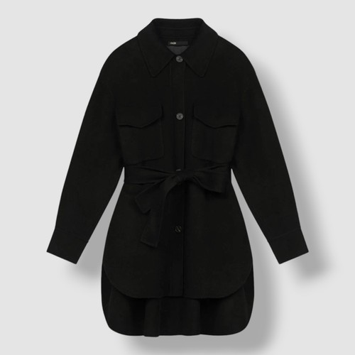 Maje Women's Black Gavinoff Fringe Wool Belted Coat Jacket Size L | eBay