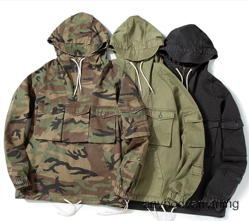 Men's Hooded Camouflage Smock Jacket Army Green Pullover Pocket Coat ...